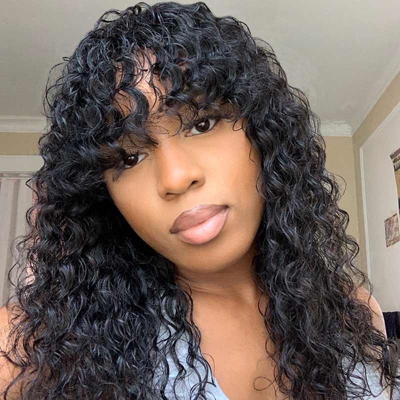 Wig With Bangs Wet And Wavy Human Hair Glueless Wigs Bouncy Curls Blac