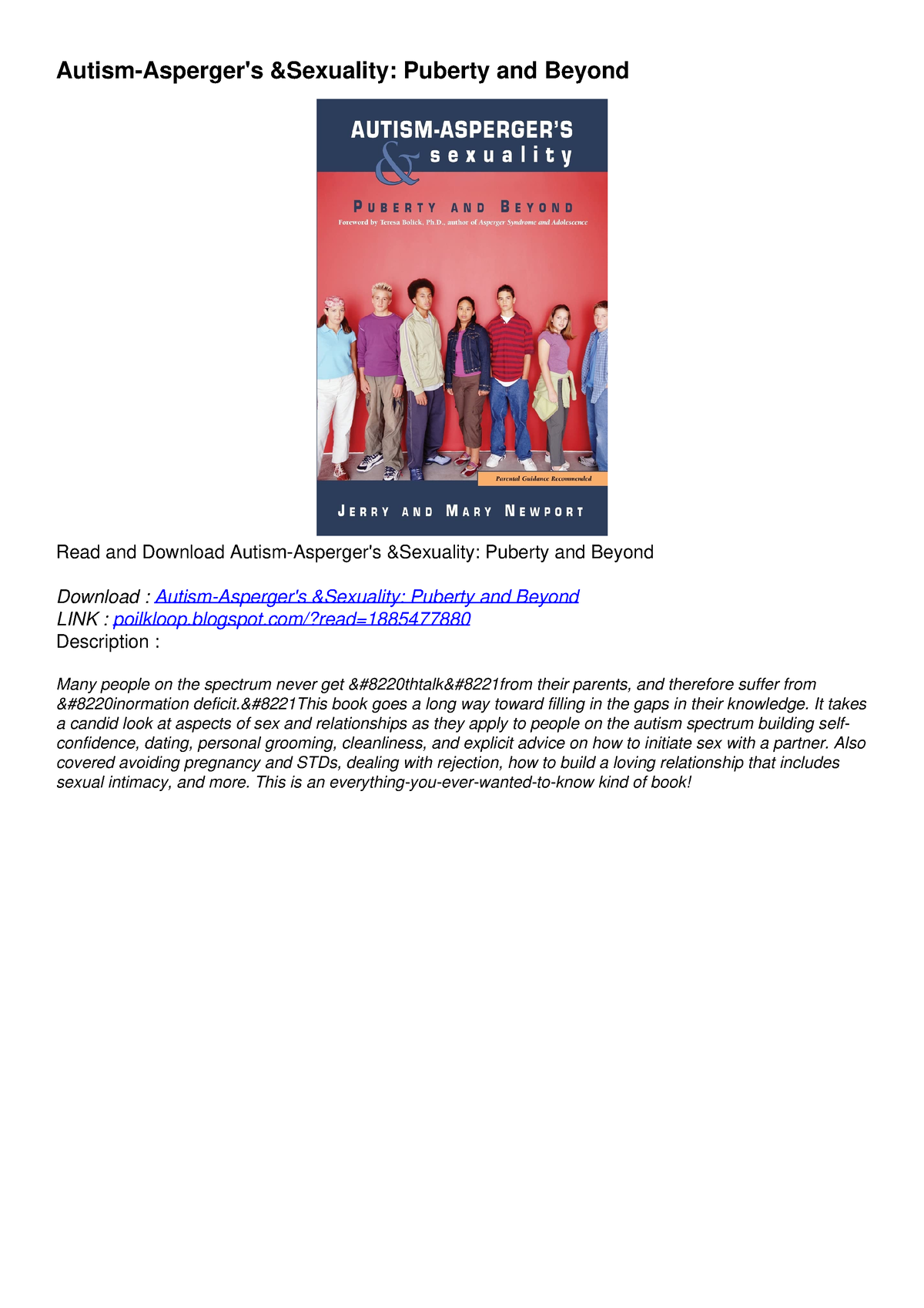 Pdf Download Ebook Autism Aspergers Sexuality Puberty And Beyond